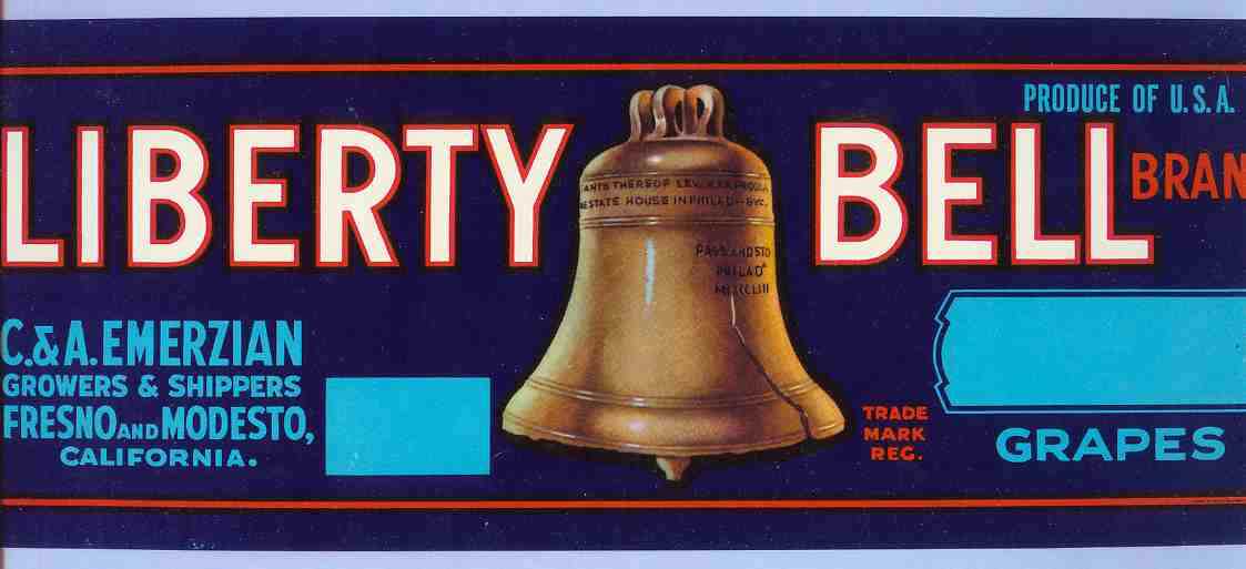 CA Fresno and Modesto Fruit Crate Label Liberty Bell Brand Grapes C ...