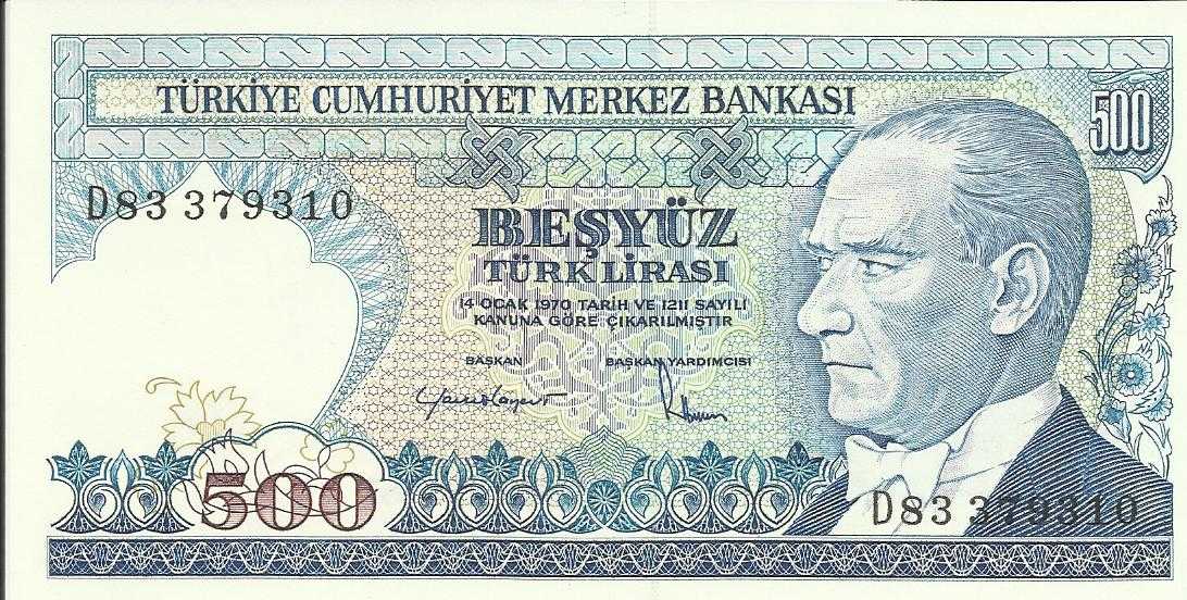 1970 Turkey 500 Lira Note For Sale