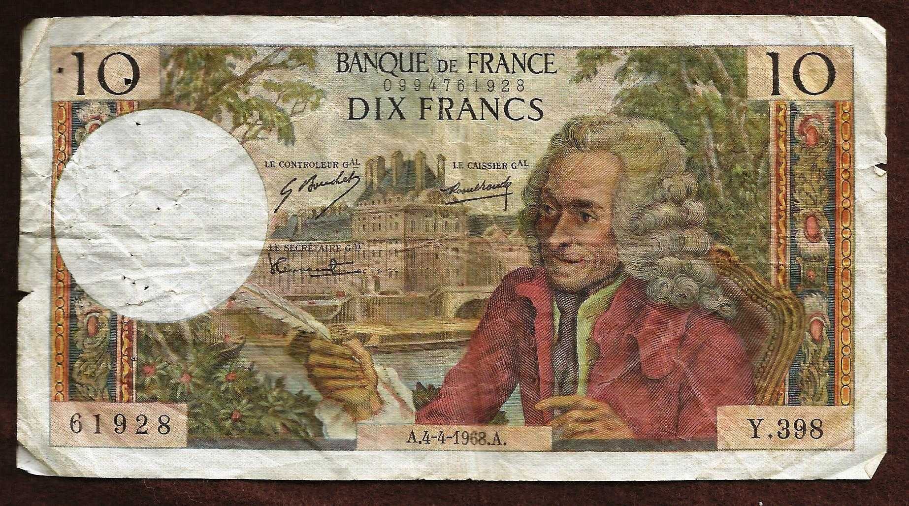 France 10 Francs 1968 Banknote 61928 Voltaire For Sale