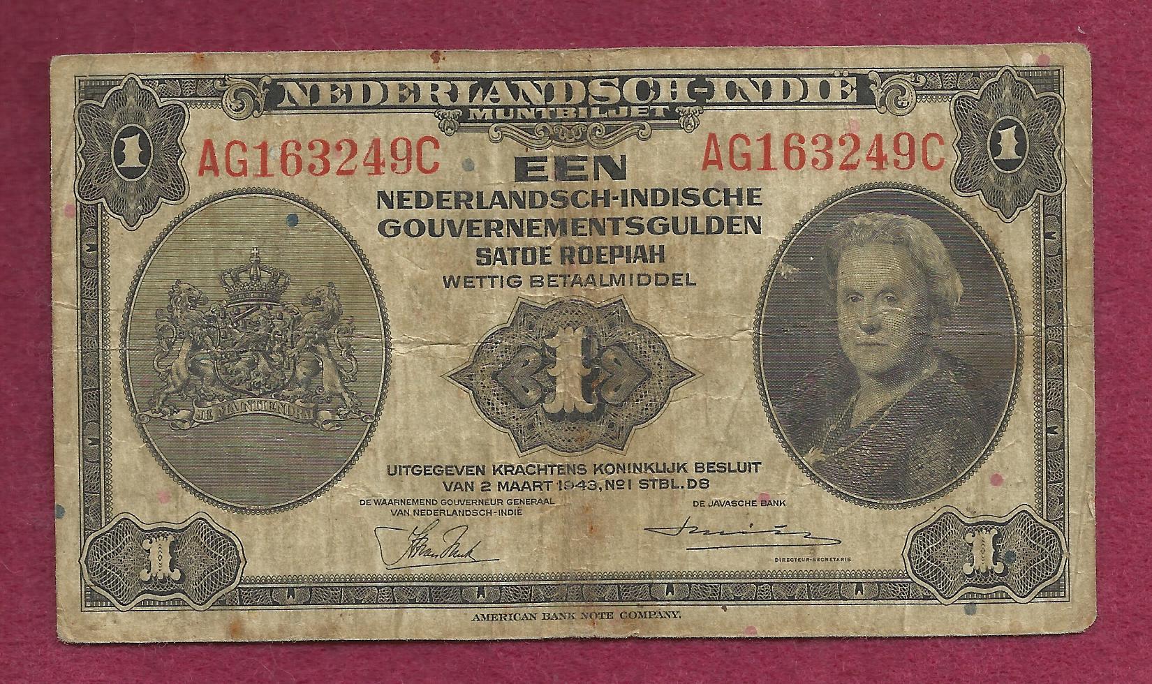 NETHERLANDS INDIES 1 Gulden 1943 Banknote Pi 11Serial AG163249C WWII ...