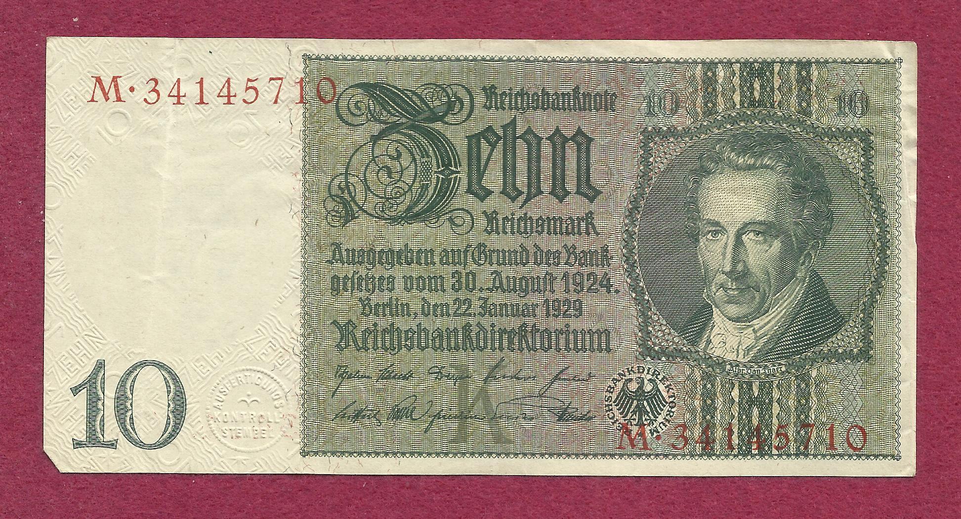 Germany 10 Mark 1924 Banknote P-180 Serial #M-34145710 - Albrecht Thaer ...