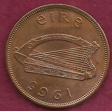 IRELAND 1 Pingin 1965 Coin - (w/Salmon & Irish Harp) - Bronze For Sale