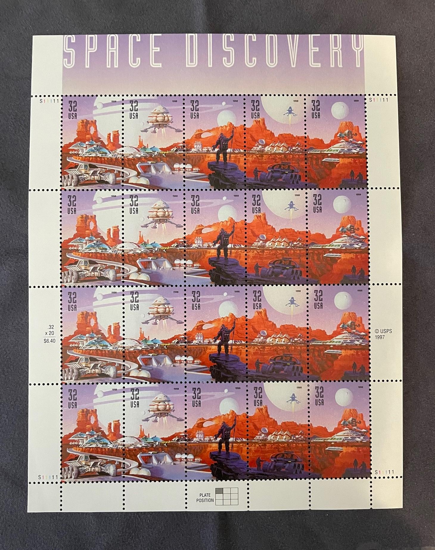 1997 US Stamp Sheet, Space Discovery. Twenty 32 cent stamps, MNH. For Sale
