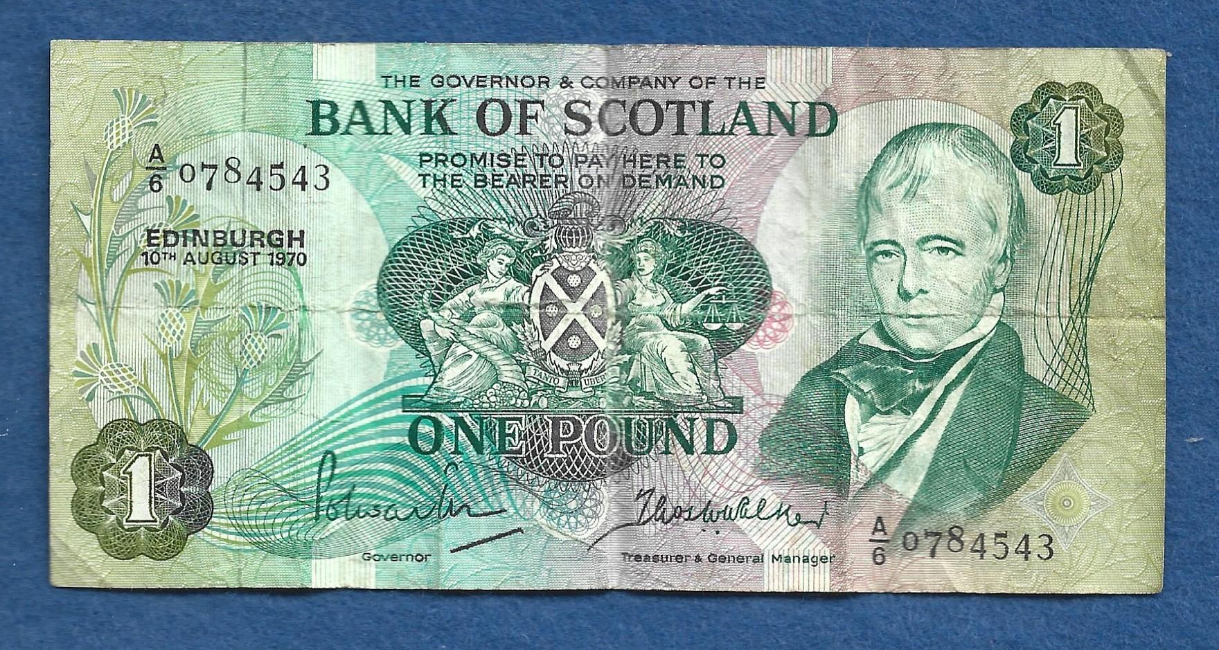 Bank of Scotland, 1 Pound, 1970 BANKNOTE P-111 Serial 0784543 For Sale