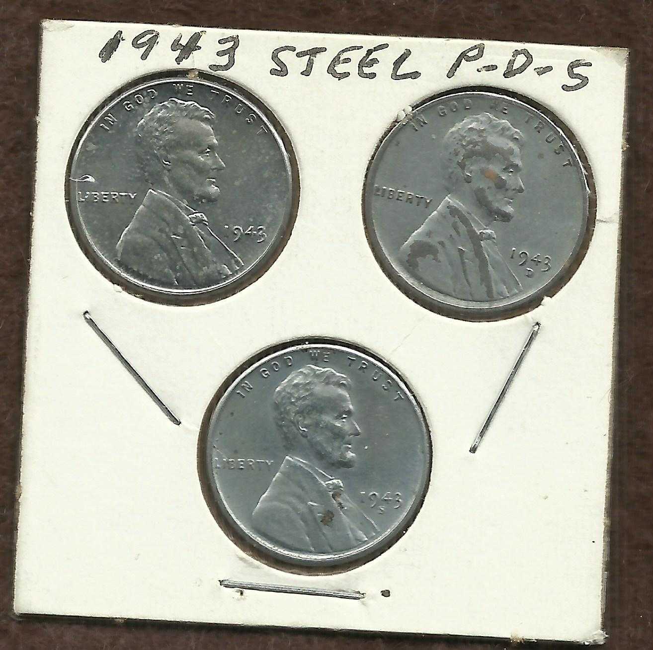 1943 STEEL WHEAT PENNY CENT 3 COIN LOT D, P & S = WWII Era Coins For Sale