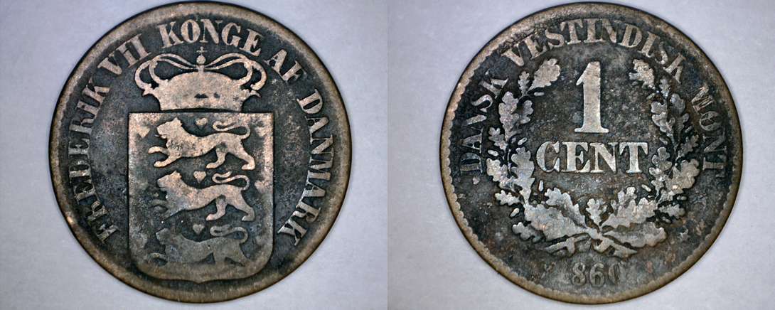 1860 Danish West Indies 1 Cent World Coin - Virgin Islands For Sale
