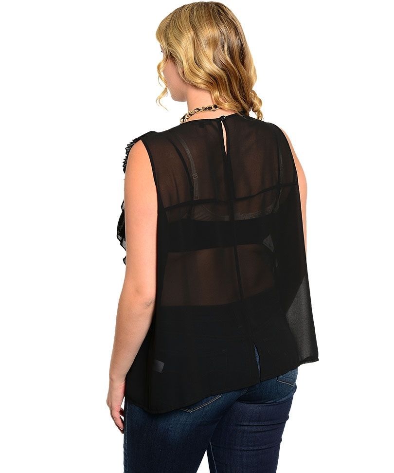 PLUS SIZE 1XL 2XL 3XL Womens Sheer Top C.O.C. Black Pleated Ruffles ...